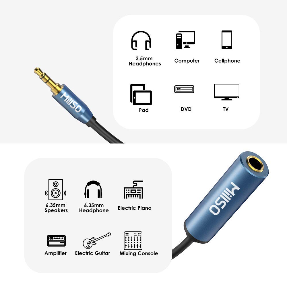 MillSO Bundle 6.35mm 1/4 Female to 3.5mm 1/8 TRS Male Stereo Audio Cable for Amplifiers, Guitar, Keyboard Piano, Home Theater, Mixing Console, Headphones