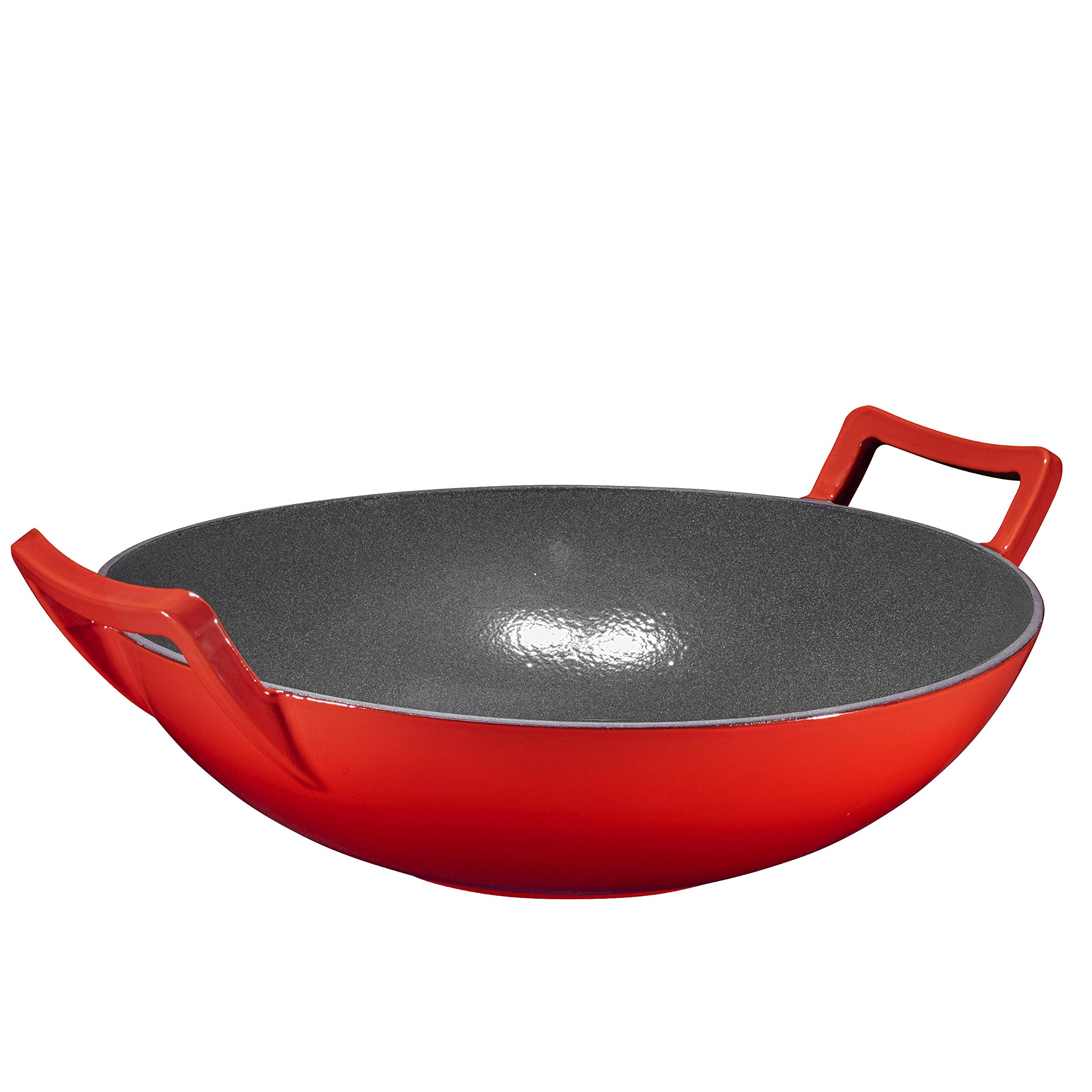 Bruntmor 14 Inch Enameled Cast Iron Wok/Pot. 14" Nonstick Enamel Skillet Pan With Large Loop Handles & Flat Base. Cookingware For Kitchen/Indoor/Outdoor Camping. (Red)
