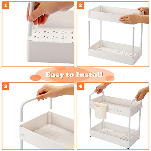 Kitchen Storage, Under Sink Organizer, NAYAHOSE 2 Tier Bathroom Storage Organizer Countertop with 4 Hanging Cups, 2 Handles, Under Cabinet Storage Tray Organize Holder, Makeups, Spices(white)