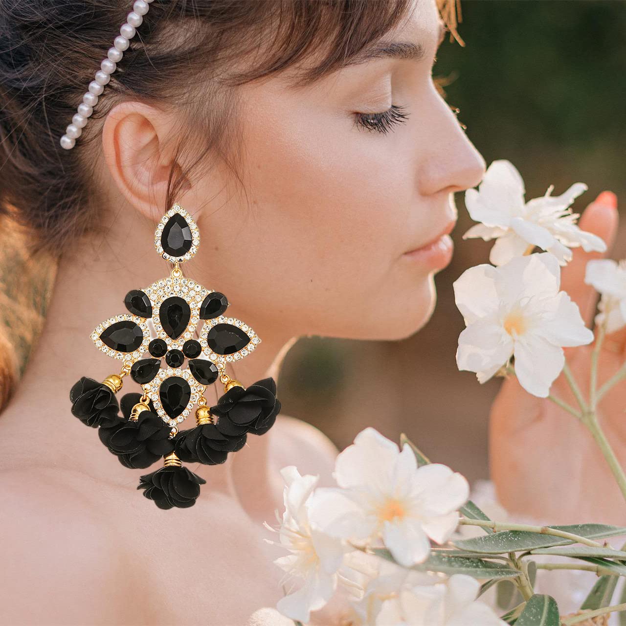 BOBOWINGS Black Earrings for Women, Big Crystal Rhinestones Flower Tassel Dangle Balck and Gold Statement Handmade Earrings Trendy