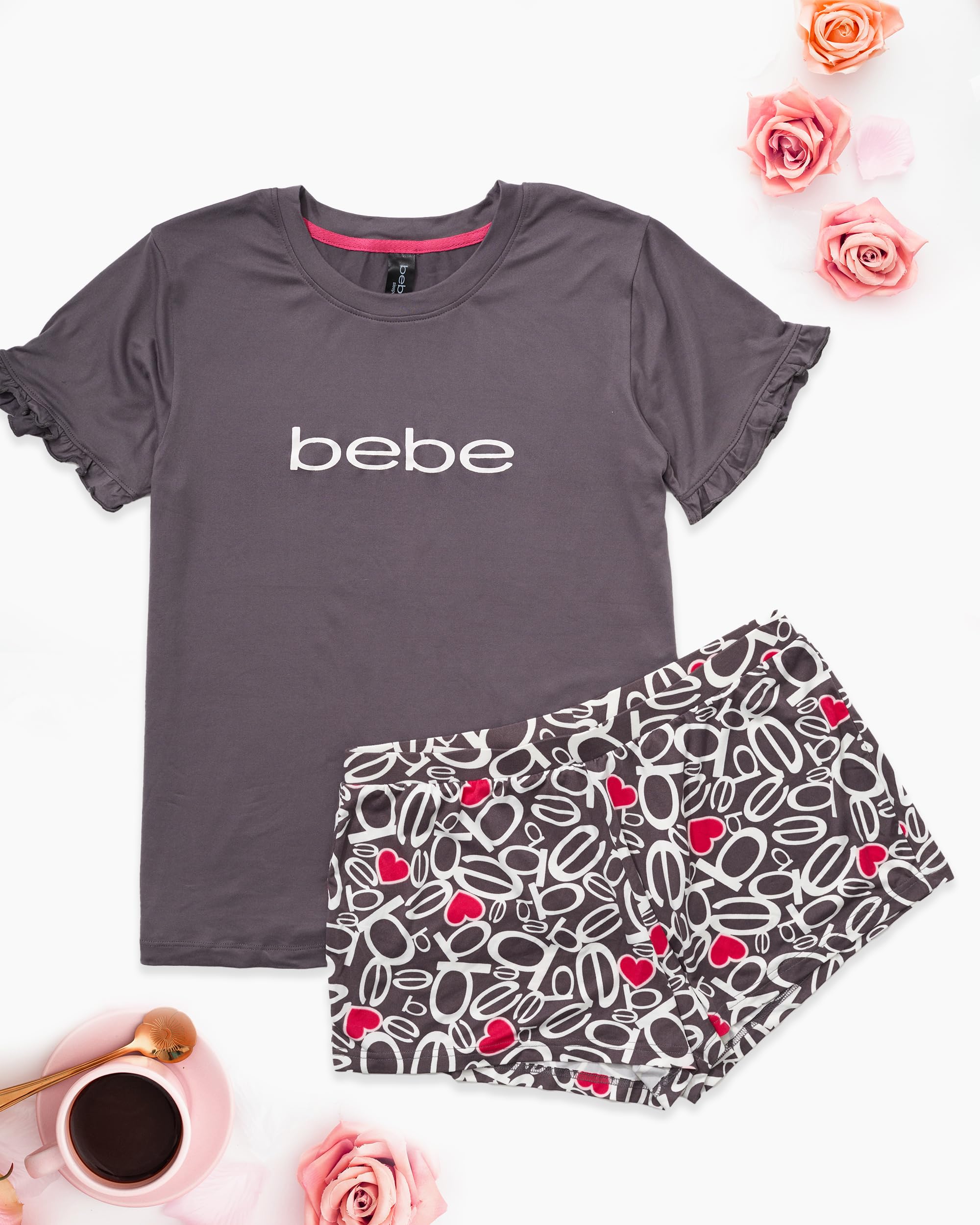 bebe Womens Pajamas Set - Shirt and Lounge Pajama Shorts Sleepwear (Charcoal, Large)