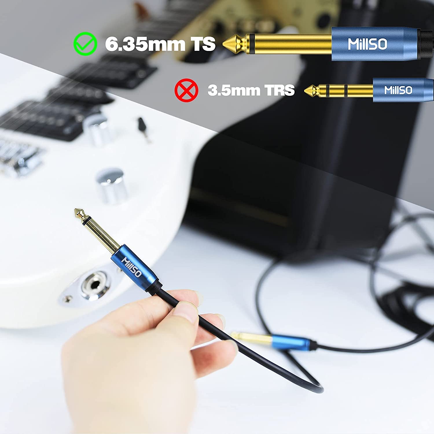 MillSO Guitar Cable 8 ft, TS 1/4 Inch Instrument Cable Straight-Straight 6.35mm Electric Guitar Cord for Bass AMP, Speaker, Patch, Pedal, Keyboard, Mixer, Amplifier - Sapphire Blue