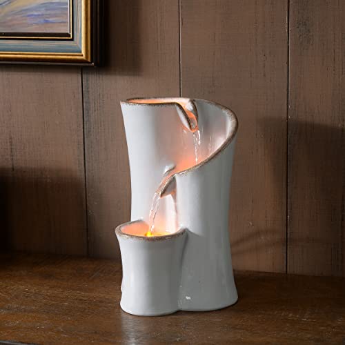 Indoor Water Fountain Imitation Ceramics Appearance Tabletop Fountain Relaxation Desktop Waterfall Fountain w/ 3 Reflective led, 9.8 Inch Tall Fountain (Grey)