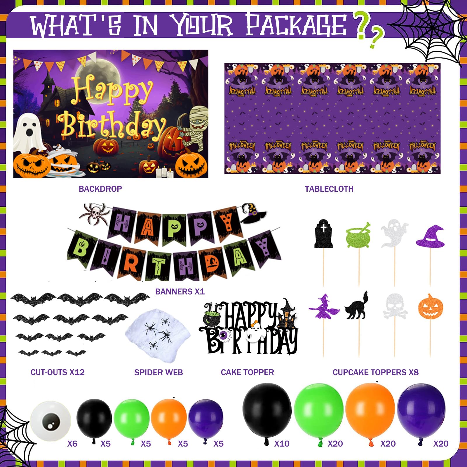Fiesec Halloween Birthday Party Decorations, Halloween Themed Birthday Party Decorations Backdrop Happy Birthday Banner Balloon Garland Tablecloth Cake Topper Spider Ghost Purple Black Orange