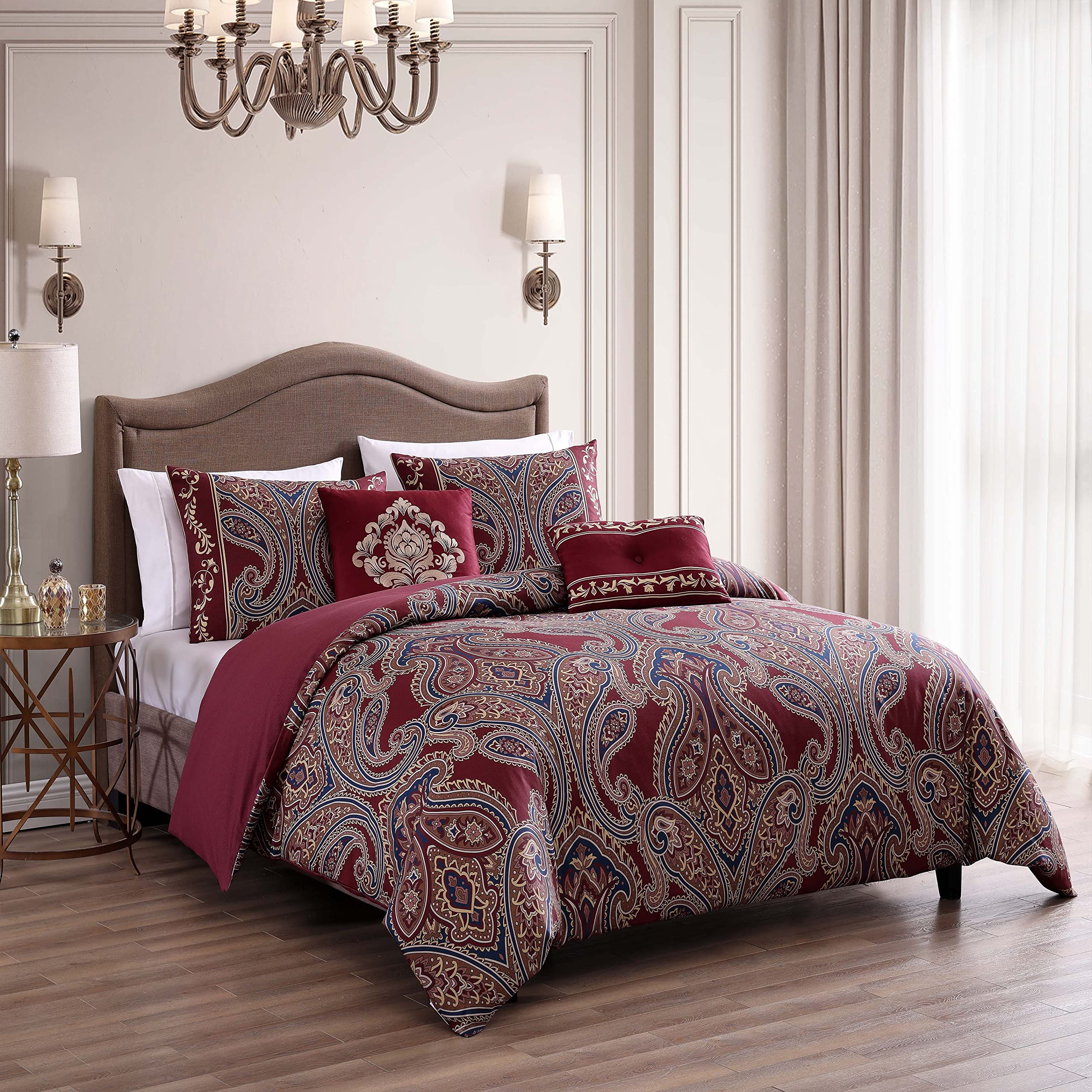 Bebejan Rossana Cotton 5 Piece Comforter Set | Teal, Gold, Beige, Terracotta Paisley Printed Pattern | Reversible | Cozy, Soft, Breathable | 1 Comforter, 2 Shams, 2 Pillows (Full/Queen)