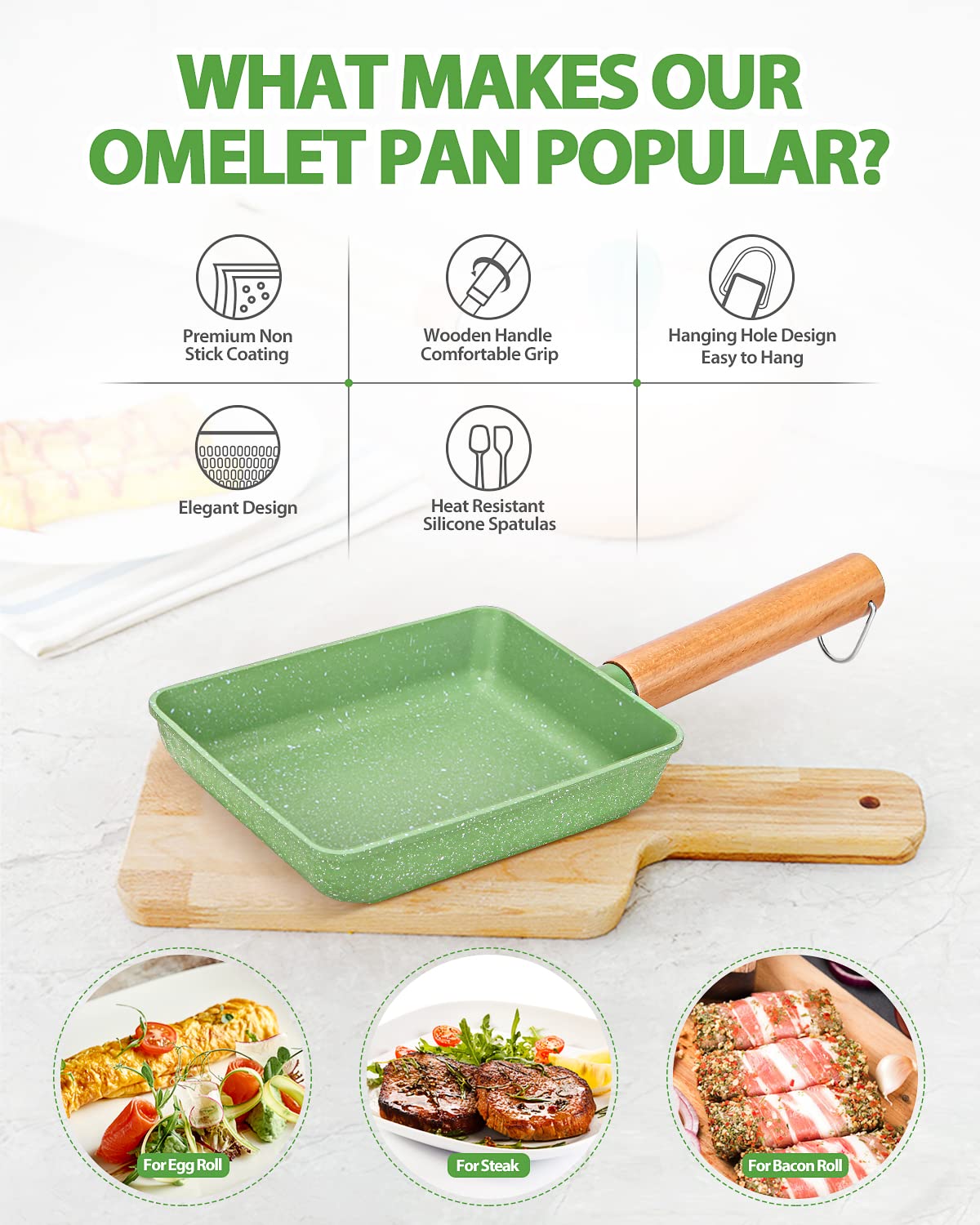 BUNDLEPRO Japanese Omelette Pan, Non Stick Tamagoyaki Eggs Frying Pan, Square Granite Cookware set, Small Induction Skillet with Silicone Spatulas for Breakfast(7.1inch)