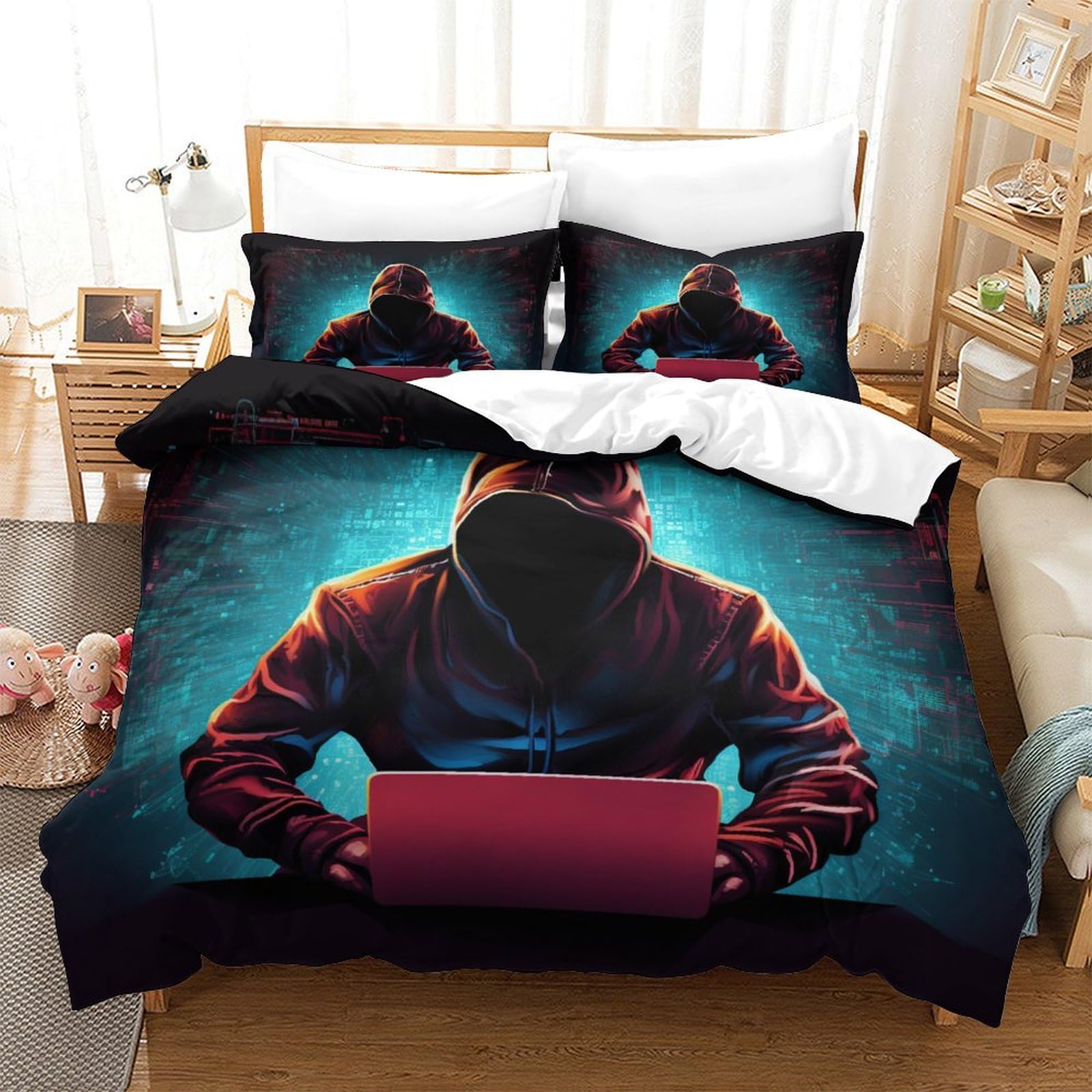 EVMILA Mystery Hacker for Teens and Adults 3D Print Computer Quilt Cover Duvet Cover Comforter Covers Soft Microfiber with Pillow Cases with Zipper Closure Bedding Set 3 Pieces Twin(173x218cm)