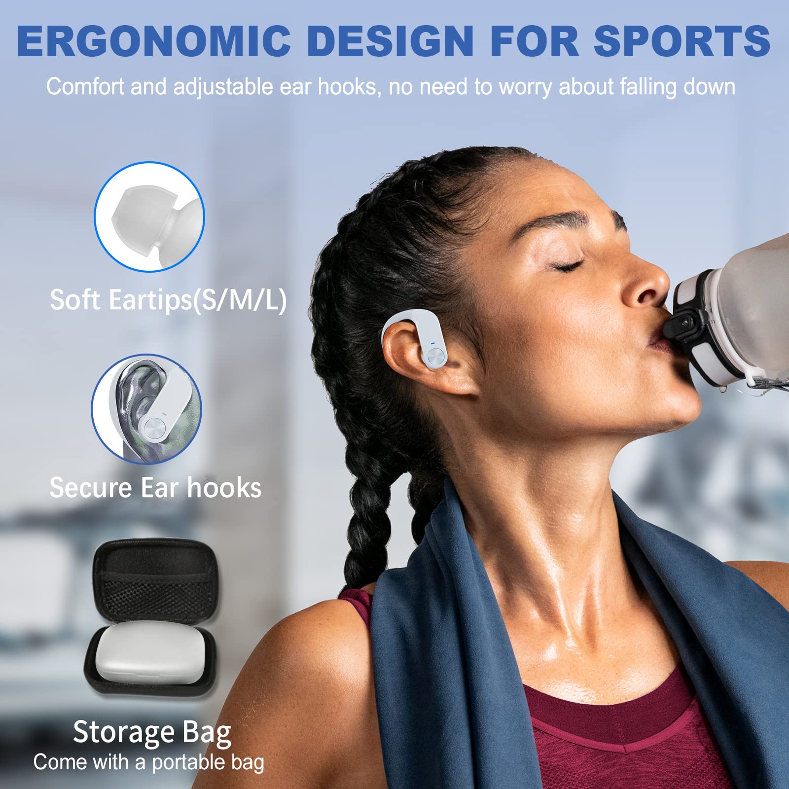 BEBEN Wireless Earbuds, 35H Playtime Bluetooth Headphones with Mics and Charging Case for iPhone Android, Waterproof Running Headphones for Gym Workout, Hi-Fi Sound Over Ear Buds with Earhooks-White