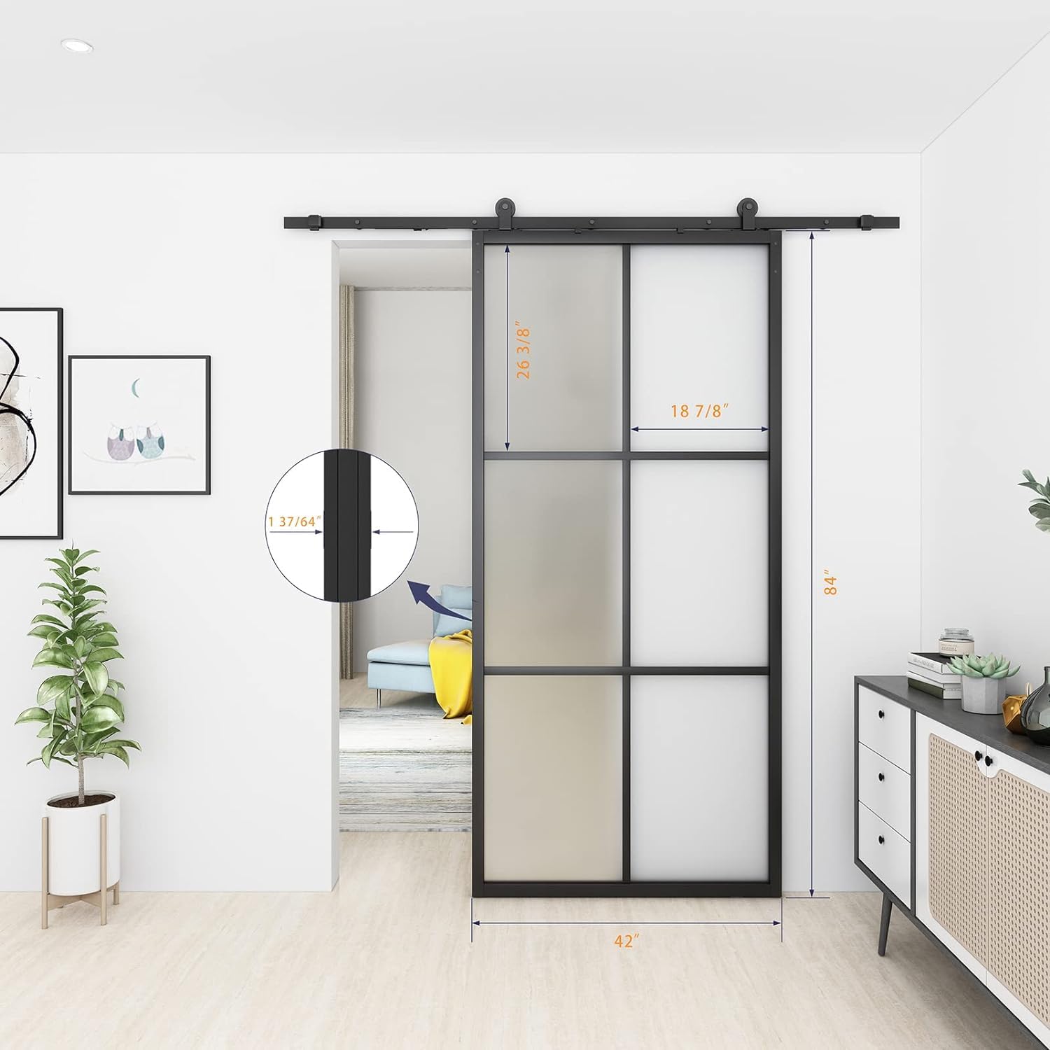 BARNSMITH 84in x 84in Double Glass Barn Door with 14FT Top Mounted Hardware Kit, Modern Black Aluminum Frame Tempered Frosted Glass Sliding Door, DIY Double Barn Door,Assemble Required(2 * 42inx 84in)