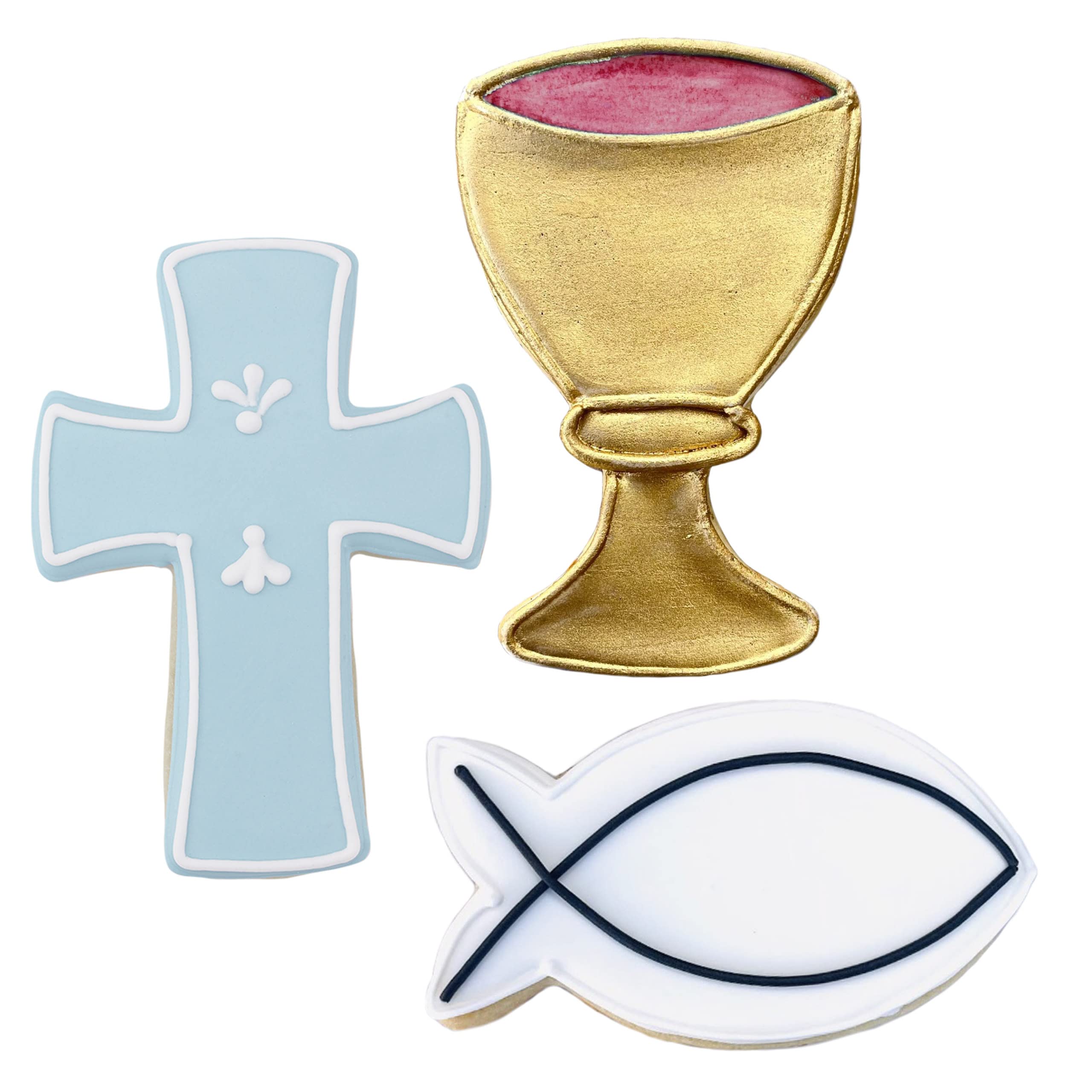 Communion Confirmation Baptism Easter Cookie Cutters 3-Pc. Set Made in the USA by Ann Clark, Chalice, Jesus Fish, Holy Cross