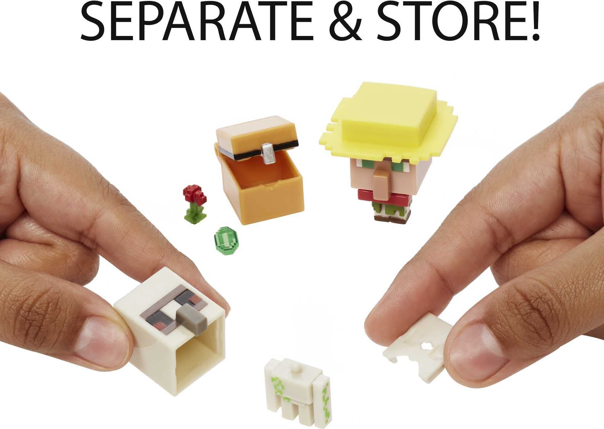 Minecraft Mob Head Minis Villager Guarding Iron Golem Pack with 2 Action Figures & Accessories, Incudes Authentic Pixelated Video-Game Characters Steve & Spider, Age 6 Years & Older
