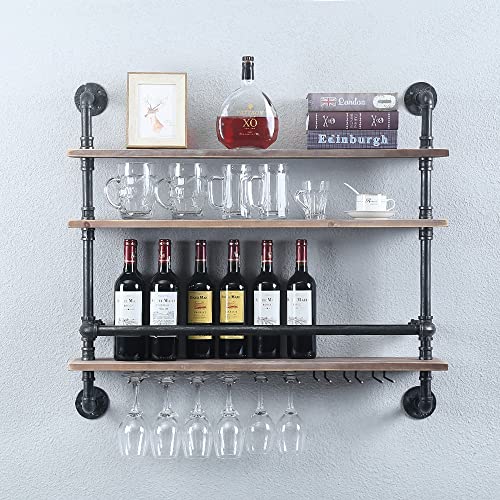 Industrial Pipe Shelf Wine Rack Wall Mounted with 9 Stem Glass Holder,3-Tiers Rustic Floating Bar Shelves Wine Shelf,36in Real Wood Shelves Wall Shelf Unit,Steam Punk Pipe Shelving Wine Glass Rack