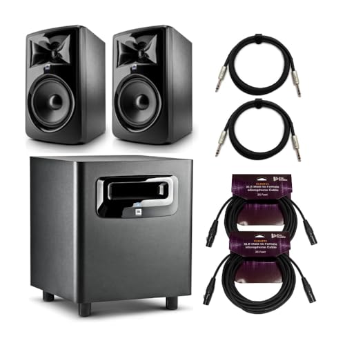 JBL 308P MkII Powered 8-Inch Two-Way Studio Monitors (2-Pack) Bundle LSR310S Powered Subwoofer, TRS Cables (2-Pack) and XLR Cables (2-Pack) (7 Items)