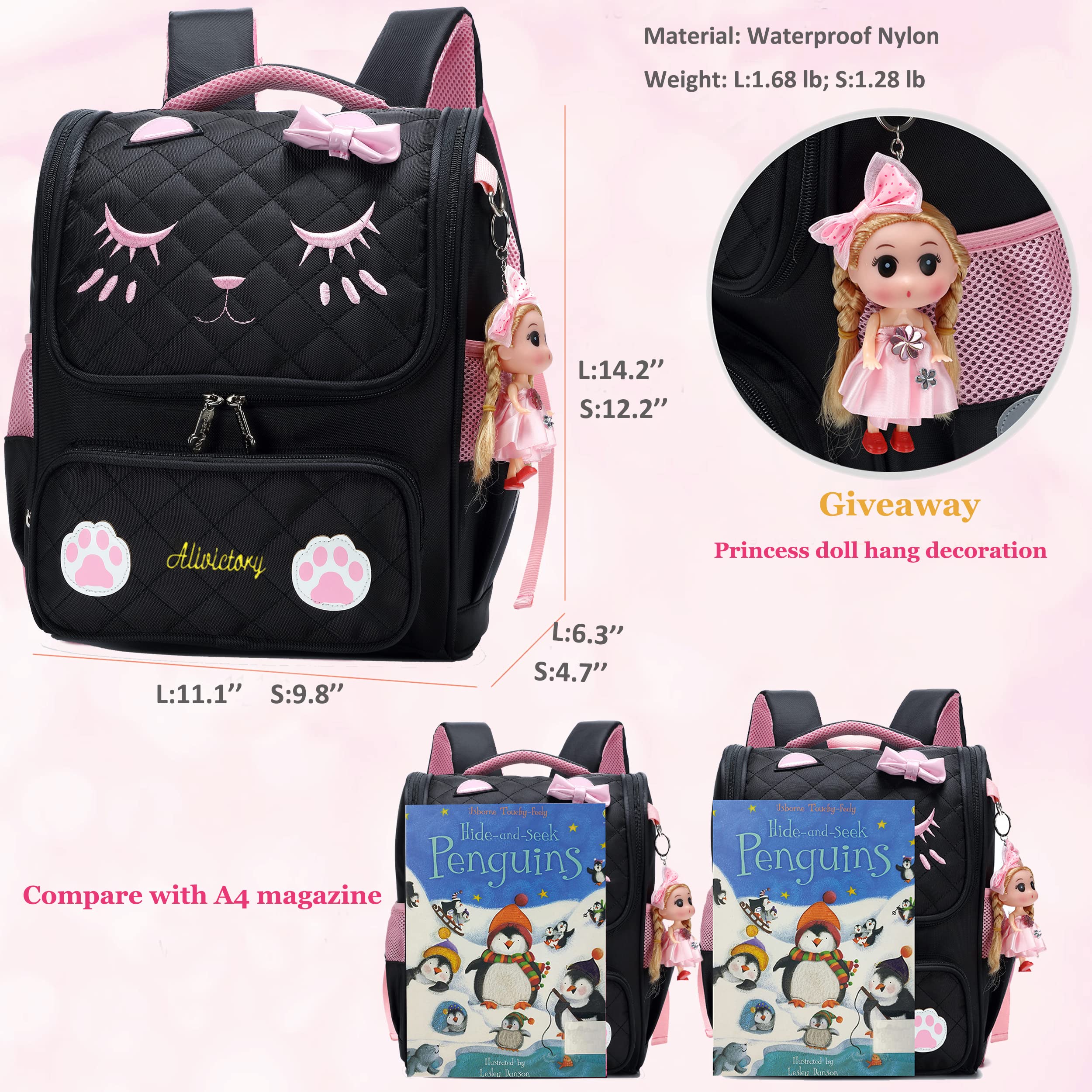 Backpacks for Girls,Kids Backpack Cat Face Backpack for Teen Girls Backpack for Girls Elementary School (Black Set-Large)