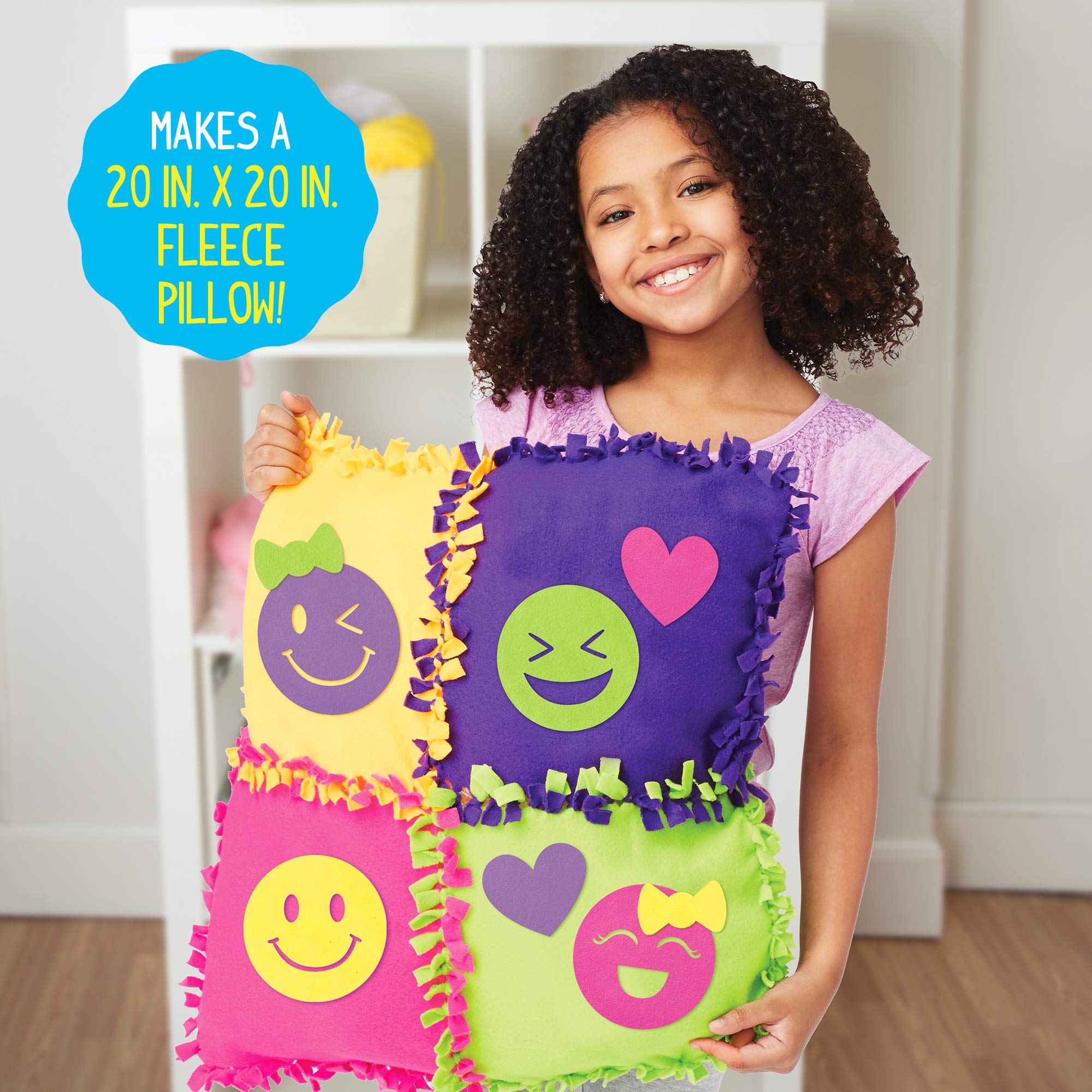 Made By Me Easy to Knot Jumbo Emoticon Pillow by Horizon Group USA, No Sewing, No Cutting, 20 in.x 20 in. Fleece Pillow, Pre-Cut Squares & Felt Decals, Fiber Fill, Assorted (73041F)