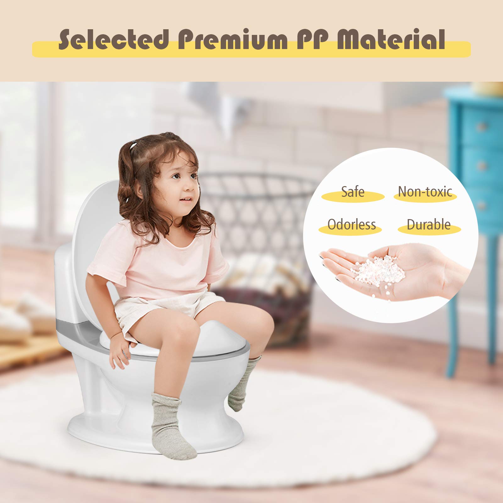 BABY JOY Realistic Potty Training Toilet, Potty Seat for Toddlers & Kids w/Flushing Sounds & Built-in Wipe Compartment, Splash Guard for Simple Cleaning, Ergonomic (Grey)