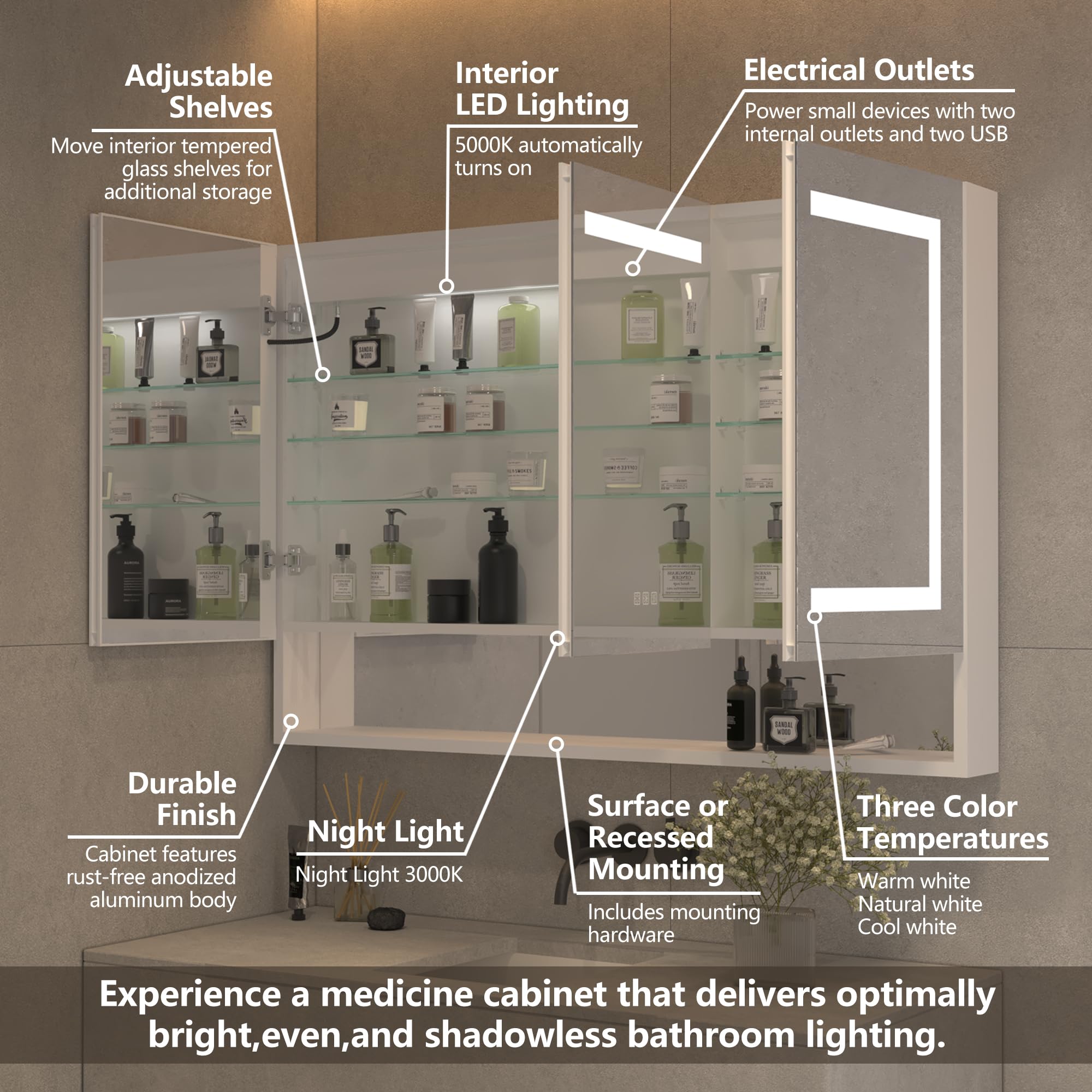 cieloshinerico 48x32 Bathroom LED Mirror Medicine Cabinet, Recessed or Surface Wall Mounted Bathroom Cabinet with Storage Shelves, Smart Touch Dual Outlets and USB, 3 Door, Silver