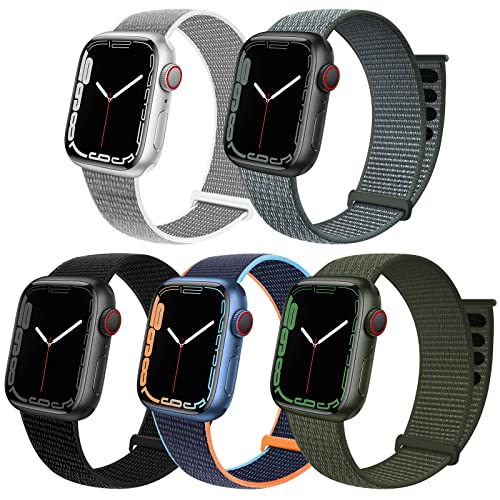 ENJINER 5 Pack Sport Loop Band Compatible with Apple Watch 42mm 44mm 45mm iWatch SE Series 7 6 5 4 3 2 1, Nylon Weave Women Men Stretchy Elastic Braided Replacement Wristband Strap, 5 Pack C 42/44/45