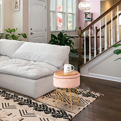Cpintltr Foot Stool Velvet Storage Ottoman with Removable Lid Round Sofa Stools Foot Rest with Padded Seat Modern Style Makeup Stool Decorative Furniture Suitable for Lounge Dorm Room Blush
