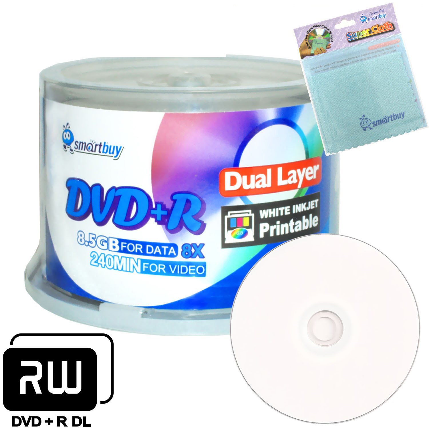 Smartbuy 50-disc 8.5GB/240min 8X DVD+R DL White Inkjet Hub Printable Blank Media Disc + Free Micro Fiber Cloth