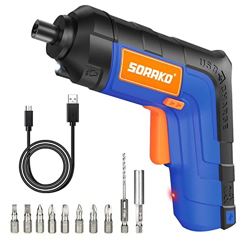 Cordless Screwdriver 4V, SORAKO Small Electric Screwdriver, Power Screwdriver Rechargeable with led right, 6Nm Screw Gun, 10 PCS Screwdriver Kit for Home DIY