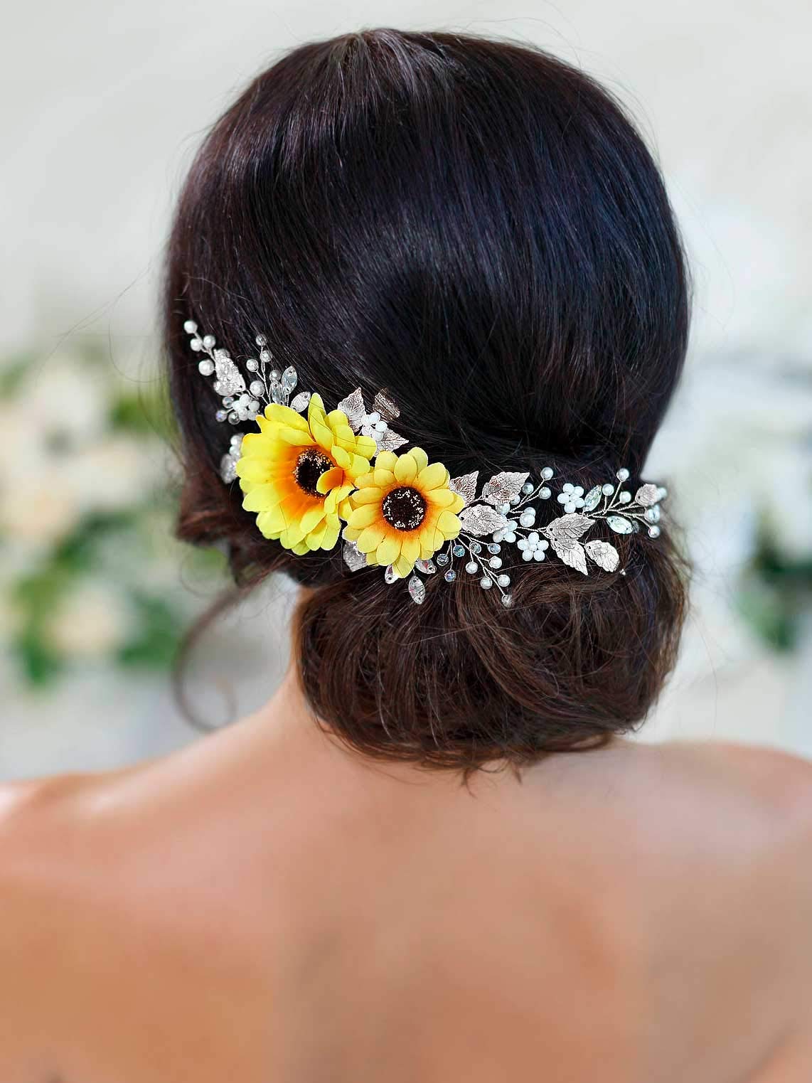 BAROGIRL Wedding Hair Vine Accessory Sunflower Bride Headpiece Gold Flower Headband for Women and Girls (Silver)