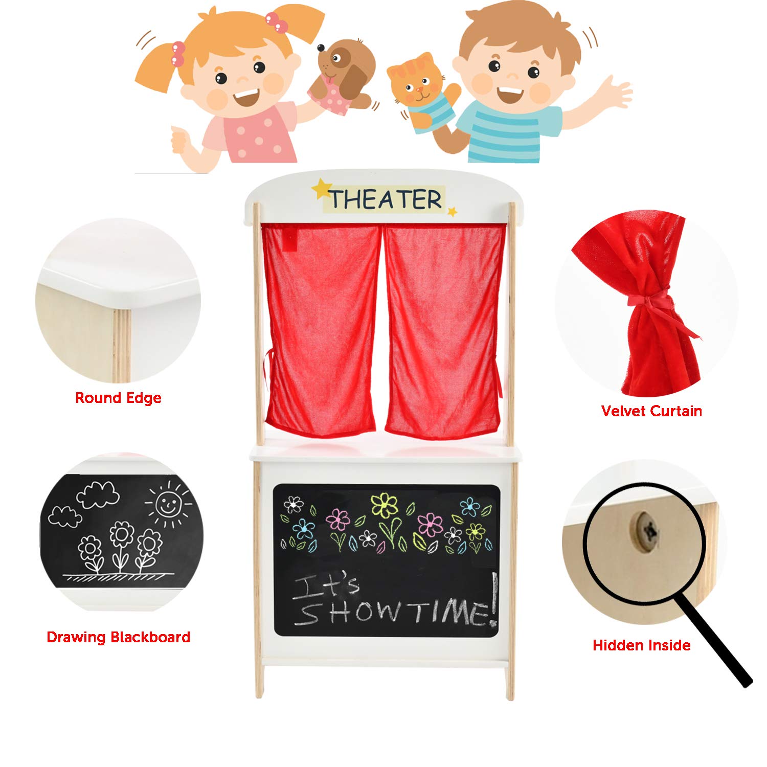labebe - Wood Puppet Theater, Flannel Curtain Puppet Stage Theater, 2-Sided Tabletop Puppet Stage Chalkboard, 2-in-1 Puppet Theater Reversible Play Store, Multi-Function Theater for Ages 3 and up