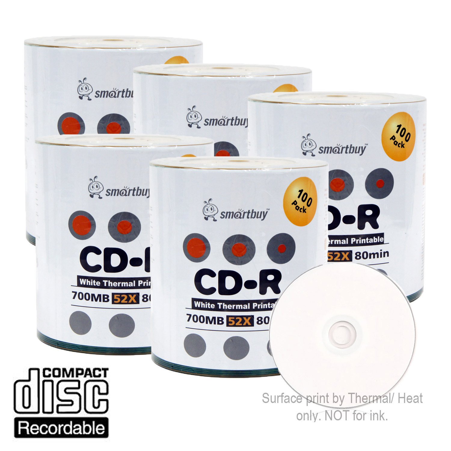 Smartbuy 500-disc 700mb/80min 52x CD-R White Thermal Hub Printable Blank Recordable Media Disc