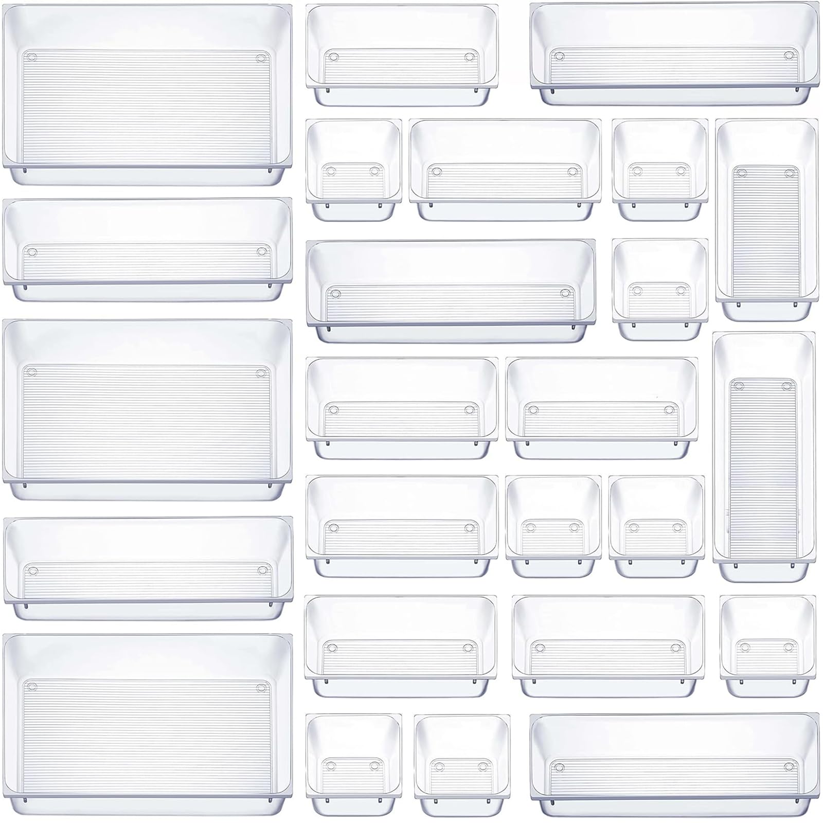 Drawer Organizer Set of 25,4 Sizes Clear Plastic Desk Drawer Divider Storage Bins for Bathroom,Dresser Desk Drawer Tray for Jewelry, Makeup, Junk, Gadgets