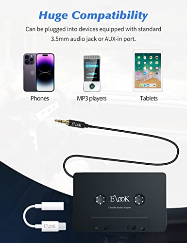Elook 2023 Car Cassette Aux Adapter Kit, with Upgraded Smartphone to 3.5 mm Headphone Jack Adapter for Phone, MP3 ect. Black