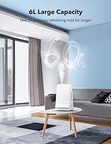 Humidifiers for Bedroom, 6L Ultrasonic Cool Mist Humidifier with Humidistat, LED Display, Wide Opening, Easy to Clean & Fill, Sleep Mode, Long Working Time, Air Humidifier for Bedroom Large room (White)