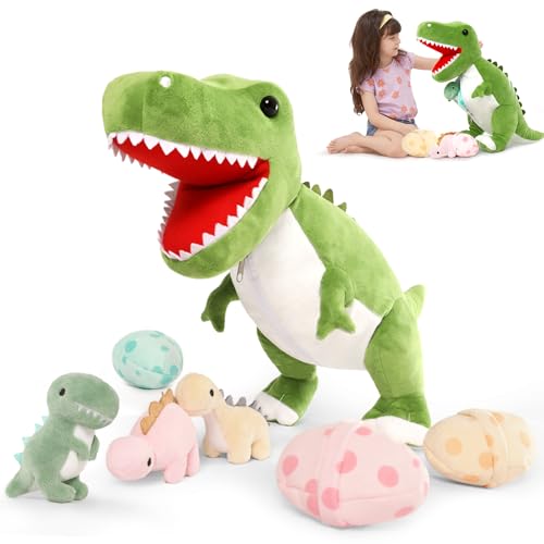MorisMos Dinosaur Stuffed Animal with Babies,23.6'' Big T-Rex Mommy Stuffed Dinosaur with 3 Baby Dinosaur Plush Toys, 3 Dinos Eggs,Boy Girl Dinosaur Toys for Kid Birthday Christmas,Green T-rex Toys