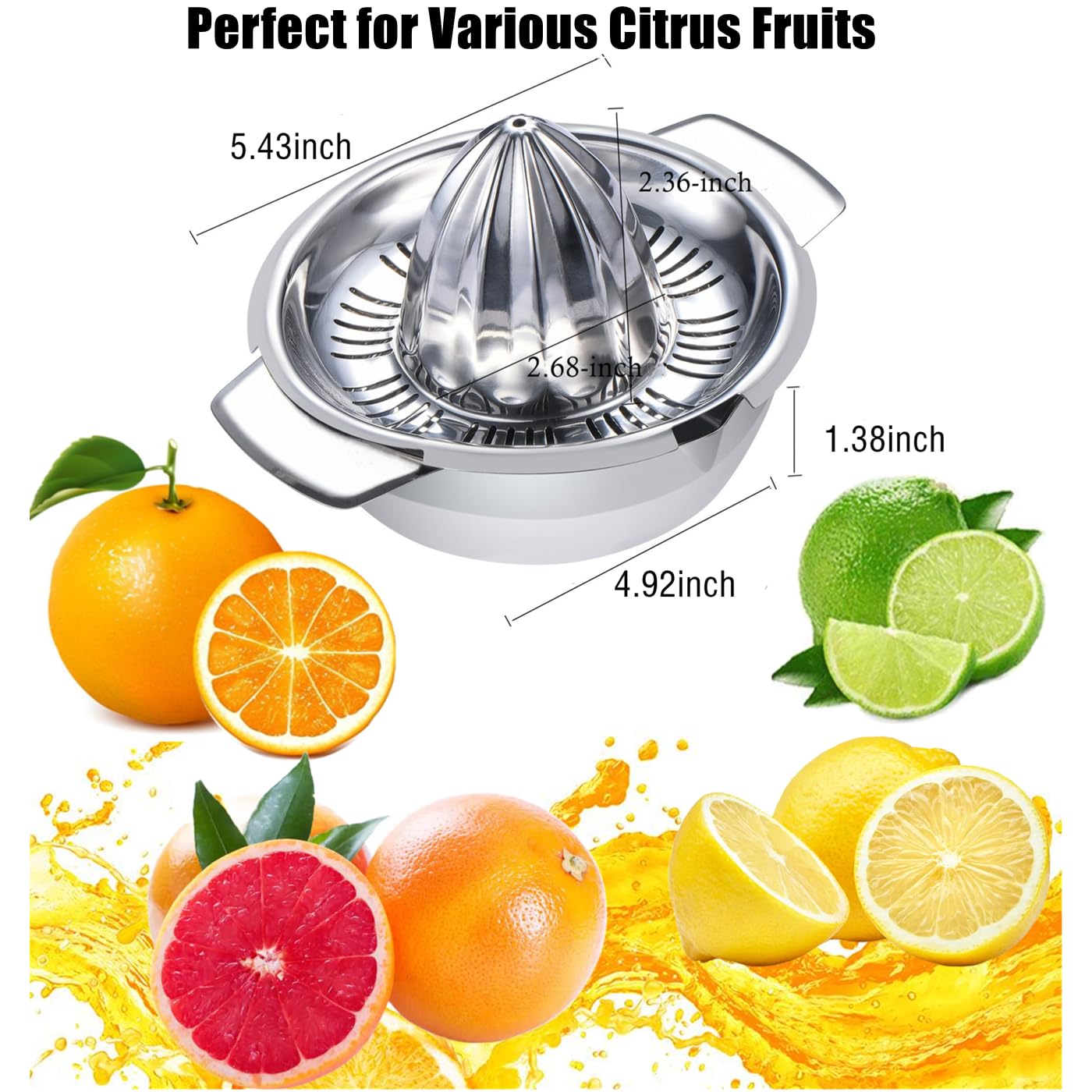 Citrus Lemon Orange Grapefuit Juicer Manual Squeezer 304 Stainless Steel Robust Hand Juicer Reamer Rotation Press with Strainer&12 OZ Bowl, 2 Pour Spouts, Dishwasher Safe, Easy to Clean, Heavy Duty