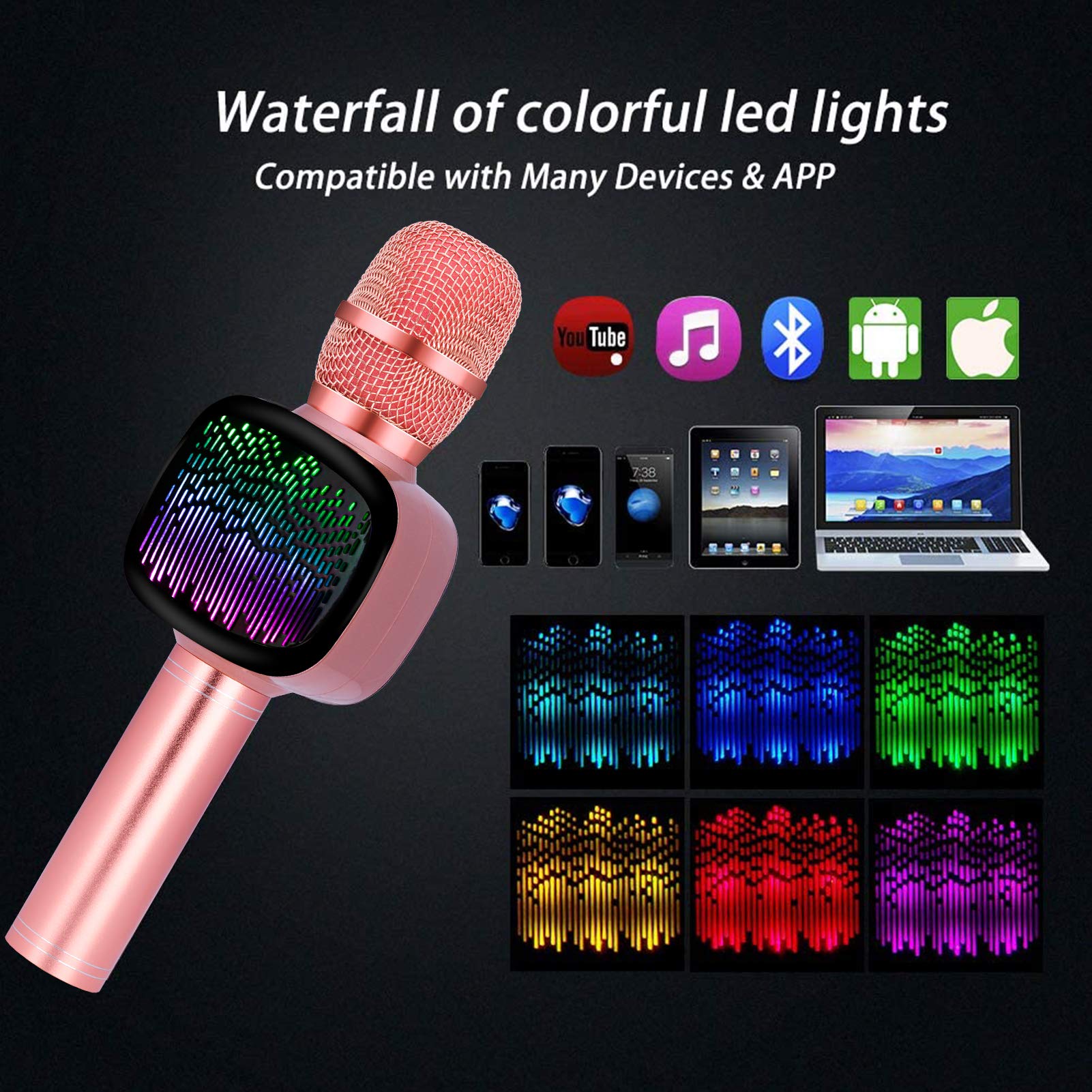 BONAOK Wireless Bluetooth Karaoke Microphone with Dual Sing, LED Lights, Portable Handheld Mic Speaker Machine for Kids Toys/PC/Outdoor/Birthday/Home/Party(Space Gray)