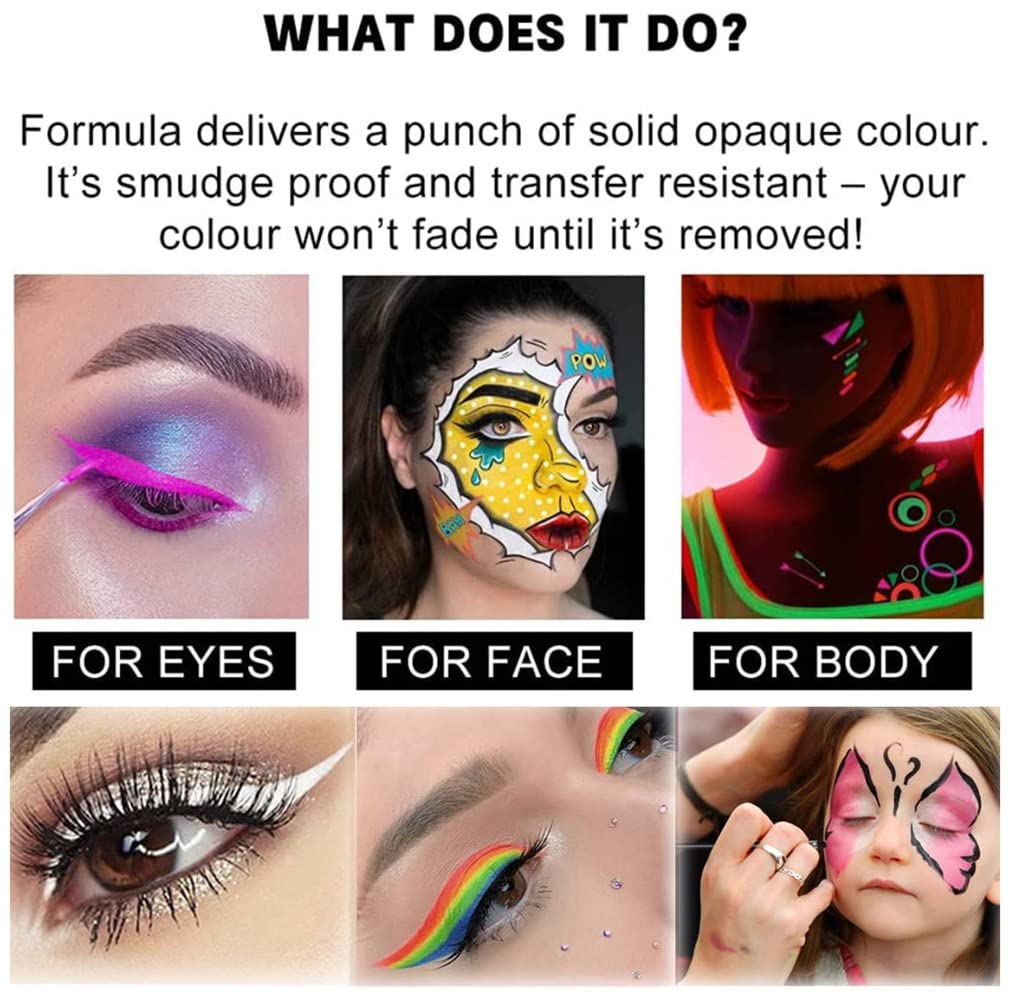 Go Ho 16 Colors Water Activated Eyeliner Palette,Highly Pigmented Bright Vibrant Fluorescent Rainbow Colorful Face and Body Paint Makeup,Matte and UV Paint Graphic Eyeliner,With Eyeliner Brush