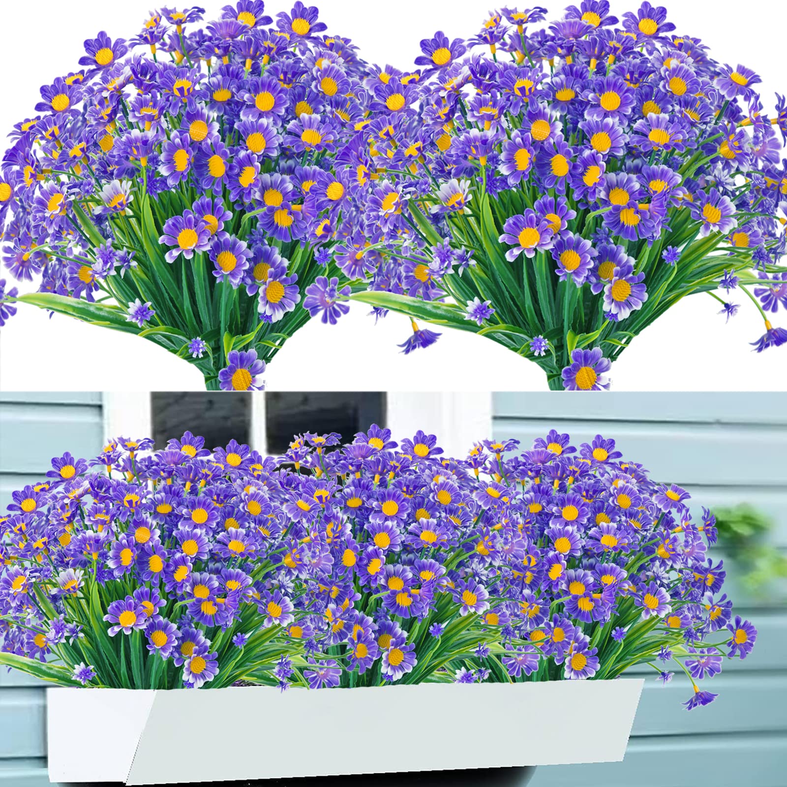 NOV FIRE Artificial Daisies Flowers,Artificial Flowers Outdoor,8 Bundles UV Resistant Faux Flowers Outdoor,Fake Plastic Flowers Shrubs for Indoor Outside Decor(Purple)
