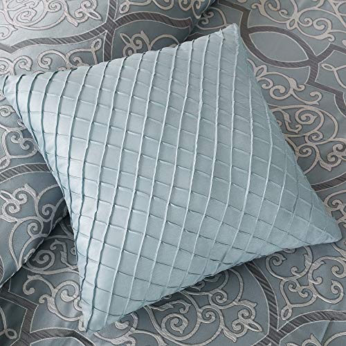Madison Park Lavine Cozy Bed in a Bag Comforter Set, Traditional Luxe Jacquard Design All Season Down Alternative Bedding with Cotton Bed Sheets, Bed Skirt & Pillows, Queen Blue 12 Piece