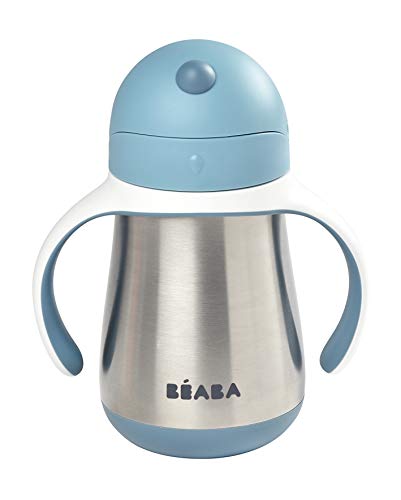 Beaba Stainless Steel Straw Sippy Cup, Sippy Cup with Removable Handles, Sippy Cup with Straw, 8+ months, 8.5 oz (Rain)