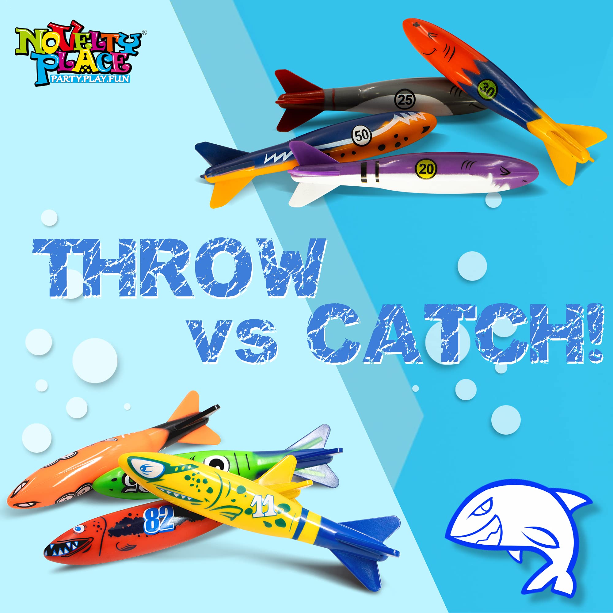 Novelty Place 8 Pack Torpedo Bandits Diving Toy Rockets - Swimming Pool Underwater Game for Kids and Adults - Shark Design 8 Colors
