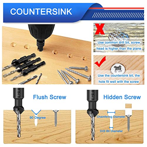 Countersink Drill Bits Set - 1/4 Inch Hex Shank Tapered Drill Bits, Quick Change Wood Woodworking Counter Sinker Drill Bit with Hex Wrench Screw Pilot Hole Drilling Tools for Wood Plastic,4Pcs