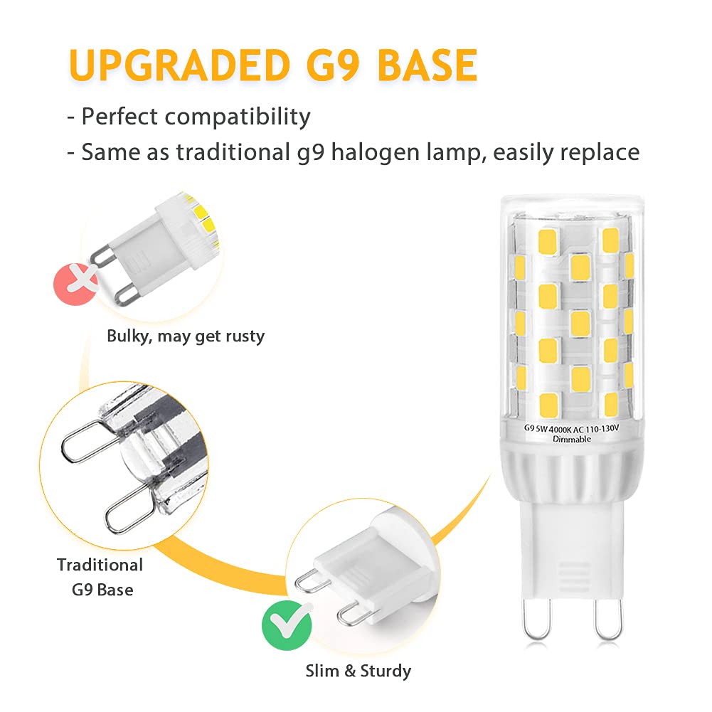 KLG G9 LED Light Bulb Dimmable 5W Natural White 4000K, 40W 60W Halogen Equivalent, G9 Bi Pin Base Base Bulbs, 500lm, AC 120V for Home Lighting, Pack of 5
