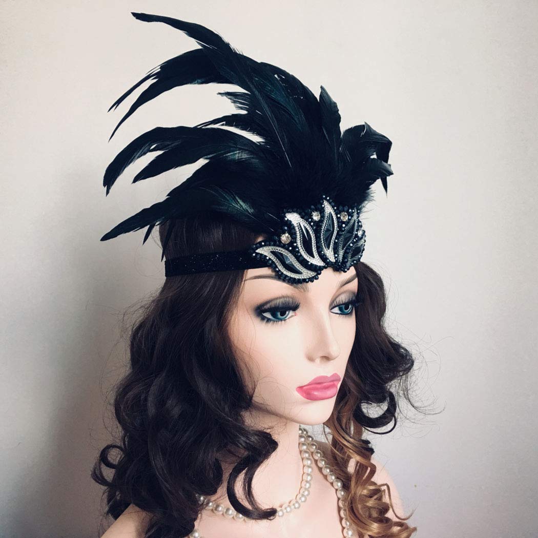 Asooll 1920s Vintage Feather Headband Black Crystal Headpiece Flapper Prom Hair Accessories for Women