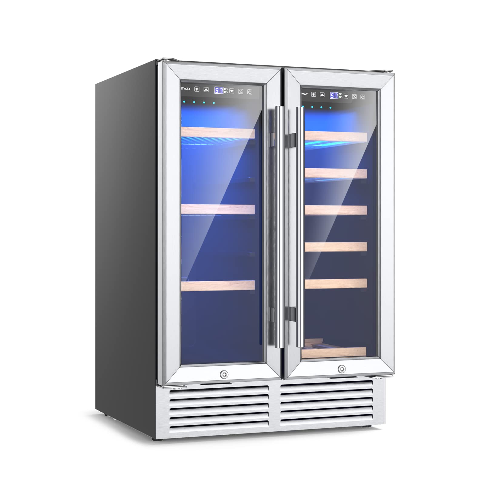 CHEFJOY Beverage and Wine Cooler Refrigerator, Dual Zone 2-in-1 Wine Fridge Cellar w/Independent Temperature Control, LED Lights, 18 Bottles & 57 Cans, Quiet Operation, Freestanding or Built-in