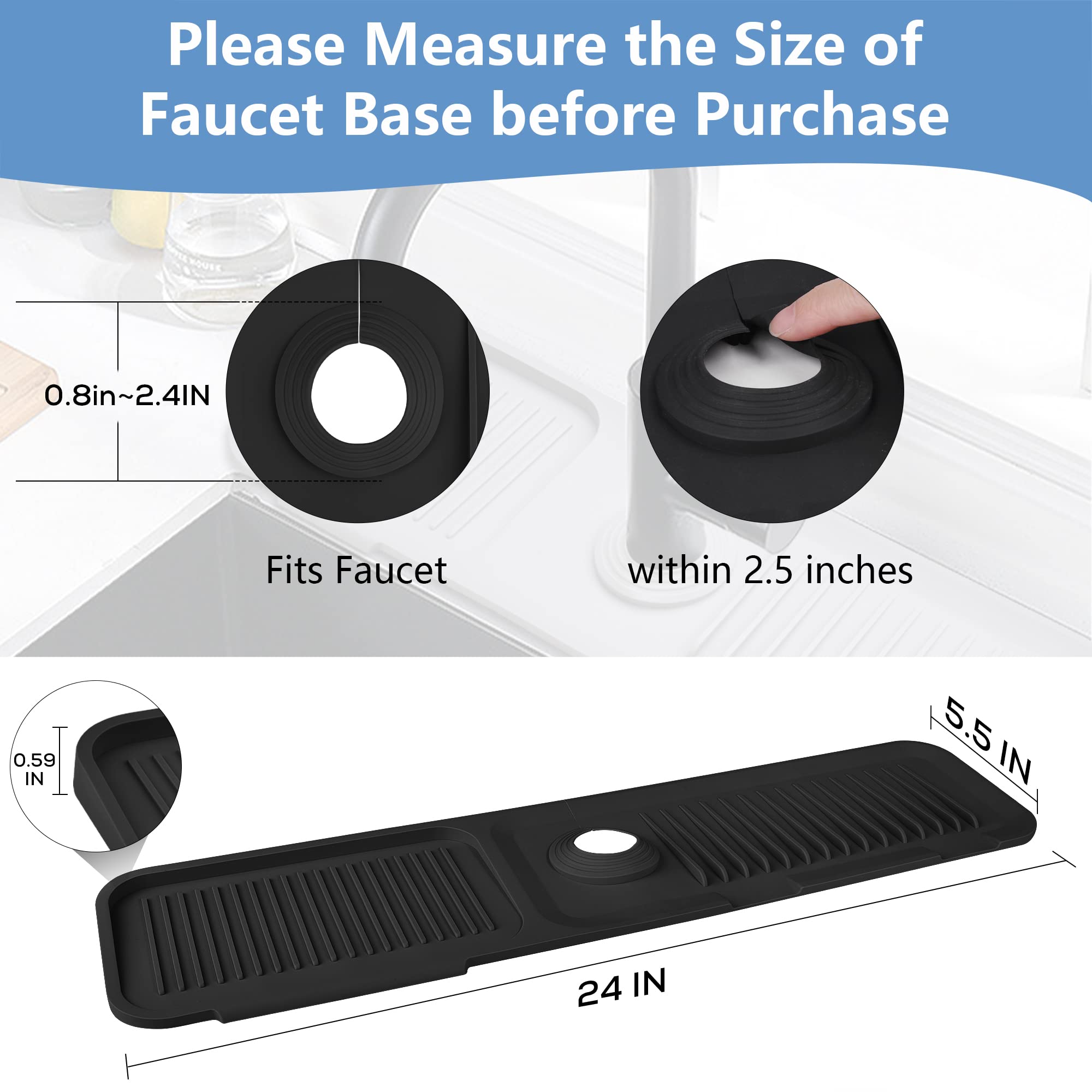 Burfocus Kitchen Sink Splash Guard, Silicone Faucet Handle Drip Catcher Tray Silicone Faucet Mat Kitchen Sponge Holder for Kitchen Sink Accessories Sink Protectors for Kitchen Sink (Black24" x 5.5")