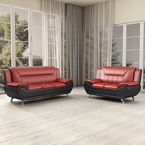Container Furniture Direct S5732-L Modern Style Faux Leather Loveseat with Extra Comfortable Pillow Top Armrests Ideal for Living Room, Bedroom or Home Office Couch, 61.3’’ Wide, red/Black