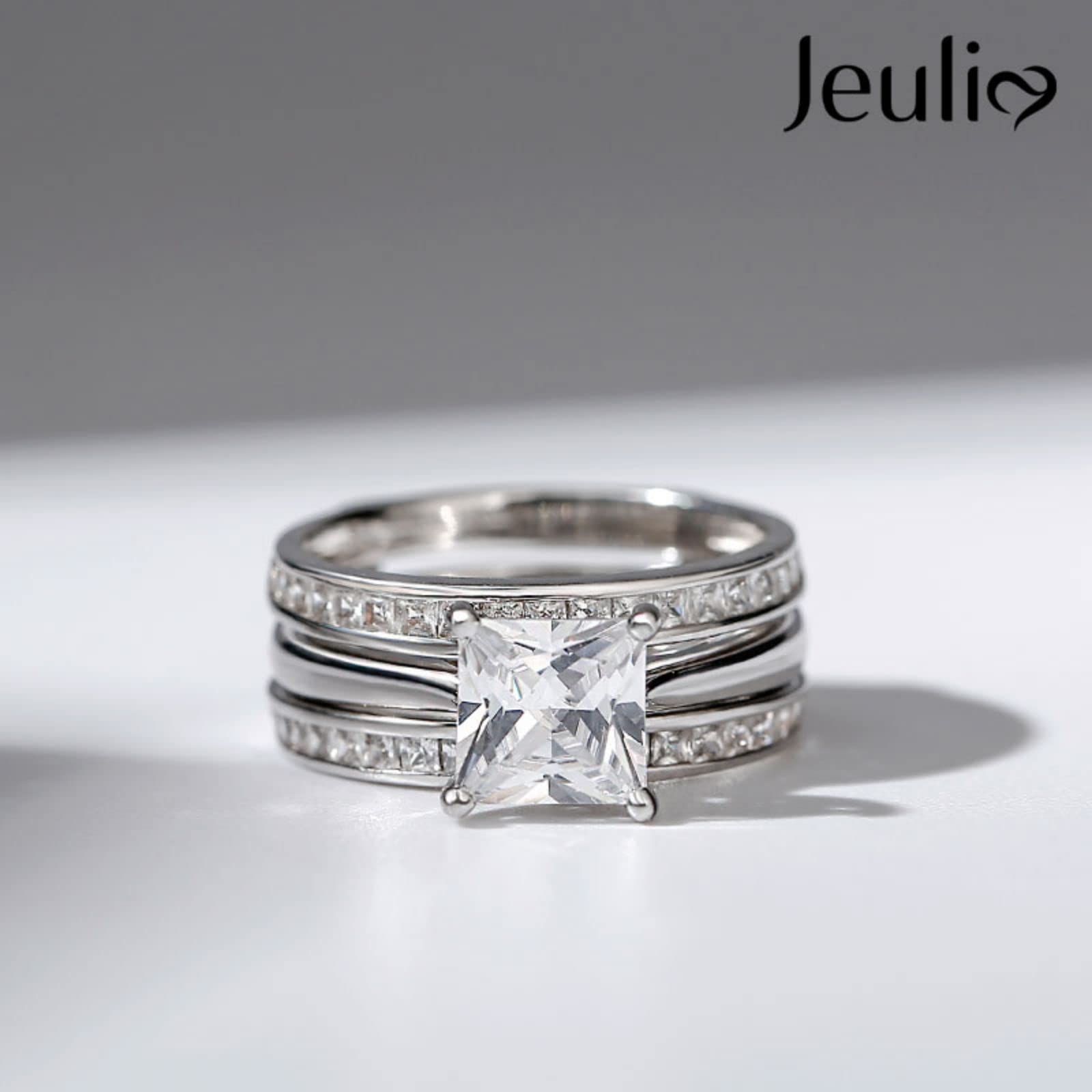 Jeulia 4.37 Carat Engraved Pricess Cut Cubic Zirconia Engagement Ring Diamond Wedding Bands for Women CZ Solitaire Sterling Silver Anniversary Bridal Promise Rings Set (8)