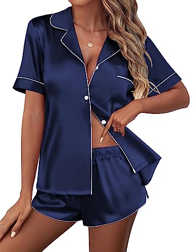 Ekouaer Womens Satin Silk Short Sleeve Button Down Top and Shorts Sleepwear Pajamas Set Navy Blue Medium