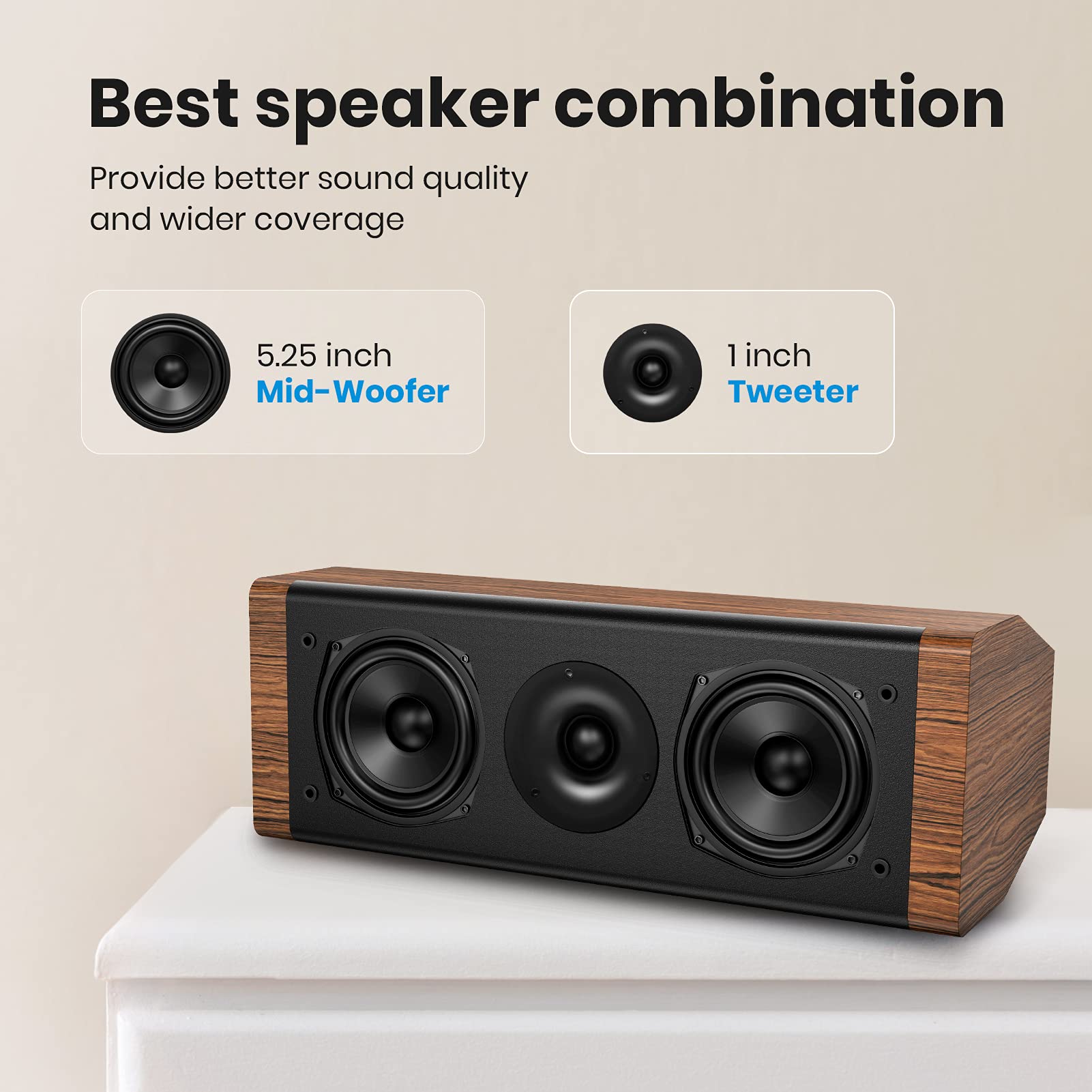 Moukey Center Channel Speaker, 100 Watt Peak Compact Center Speaker Hi-Res Audio with Deep Bass Response, for TV, Home Theater, Dolby and DTS Surround - Mcs1