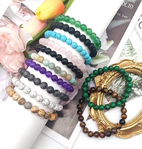 Jewdreamer 12Pcs 8mm Semi-Precious Gemstone Bracelet Healing Crystal Stone Beaded Bracelets for Women Men Unisex Adjustable Bead Stretch Bracelets Set