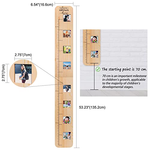 Solid Wood Growth Chart for Kids with Picture Frames, Height Measurement Ruler Milestone Markers, Foldable Kids Height Wall Chart, Birthday Keepsake Gift for Toddlers Boys Girls Room Wall Decor